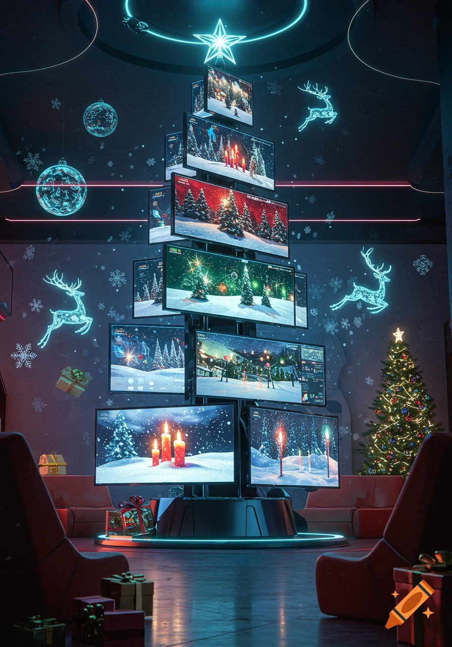 A glowing blue digital Christmas tree made of data streams and ...