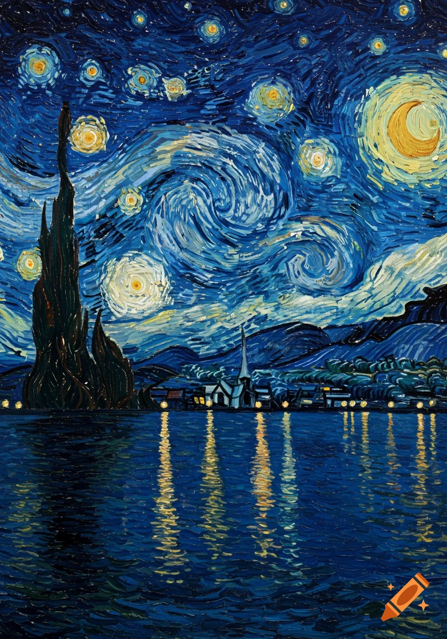 An impasto painting in the style of Van Gogh's Starry Night, depicting ...