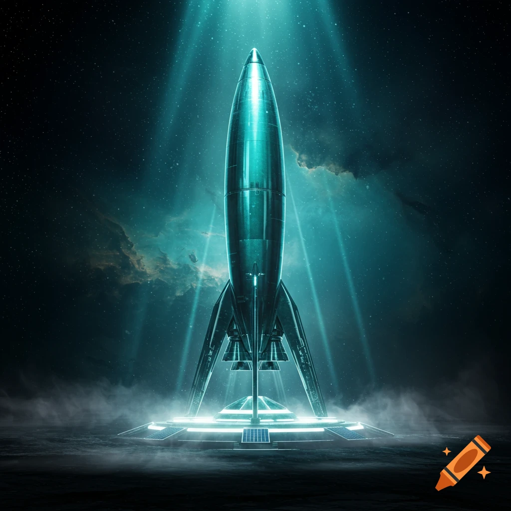 A tall, silver rocket with 'Atomraketen' inscribed stands in a desolate ...