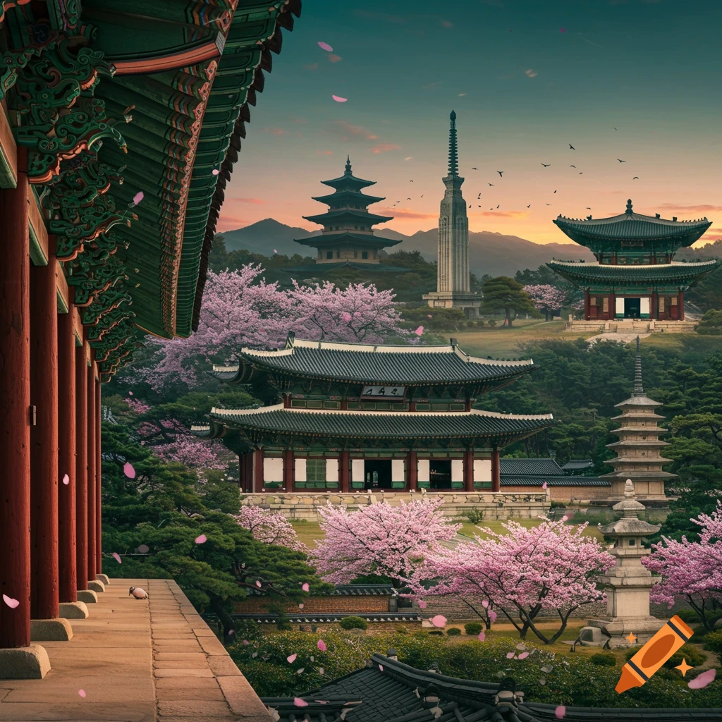 Aerial view of a traditional Korean Hanok village with dark tiled roofs ...