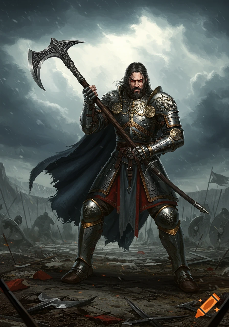 A fierce, muscular white-haired witcher in fur armor, with swords on ...