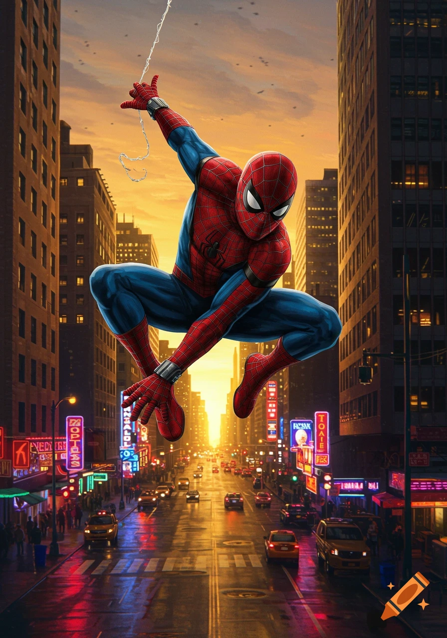 Spider-Man swings through a rainy, neon-lit city at night in a detailed ...
