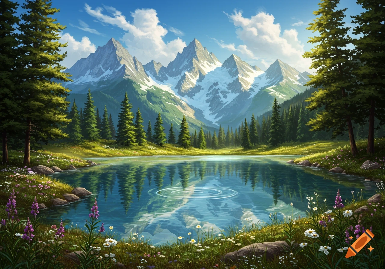 A beautiful landscape featuring snow-capped mountains reflecting in a ...