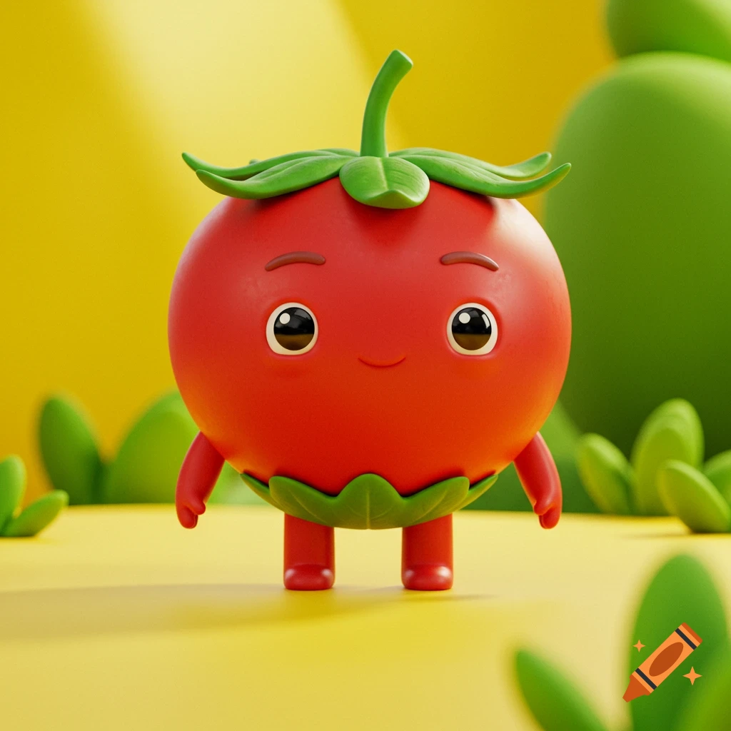A round, red retro cartoon tomato with a green stem, big happy eyes ...