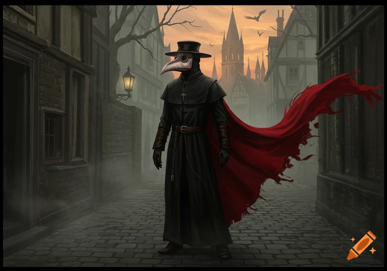 A plague doctor in black robes, bird-like mask, and flowing crimson ...