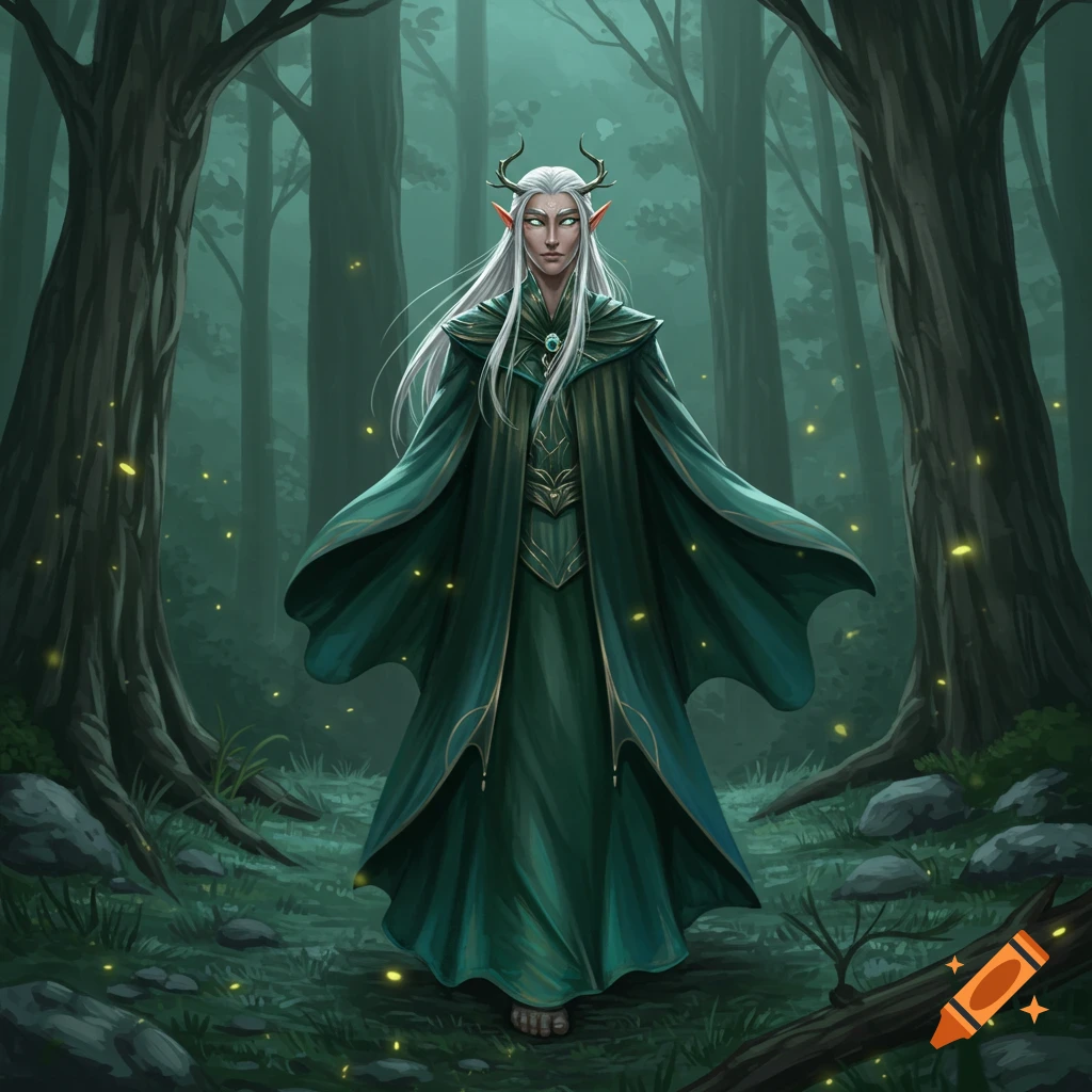A handsome elf man with long white hair and green eyes in a green robe ...