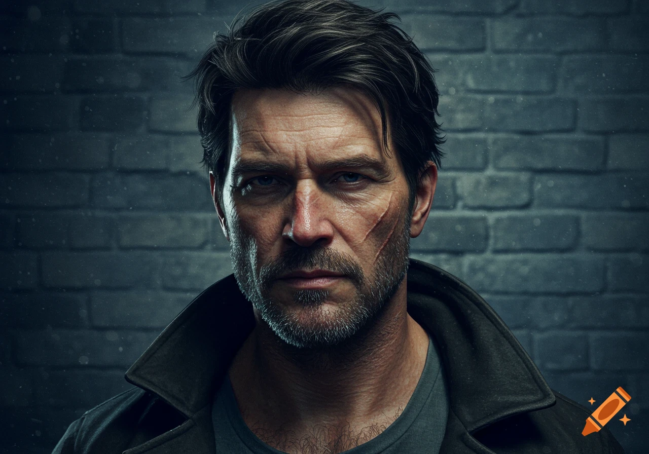 Close-up, dramatic portrait of a rugged man with a beard, dark hair ...