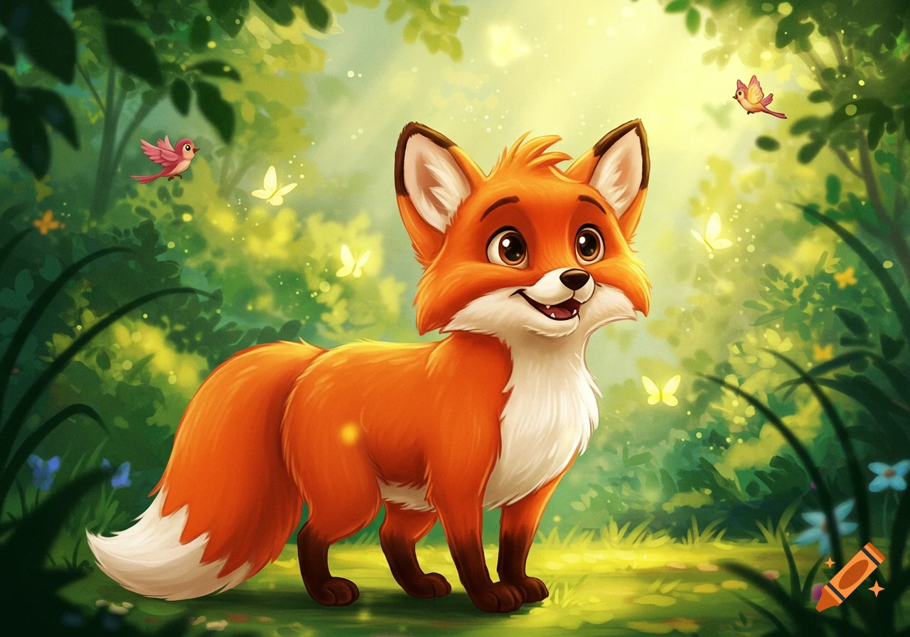 A cute cartoon fox with green eyes and a jacket stands in a sunlit ...