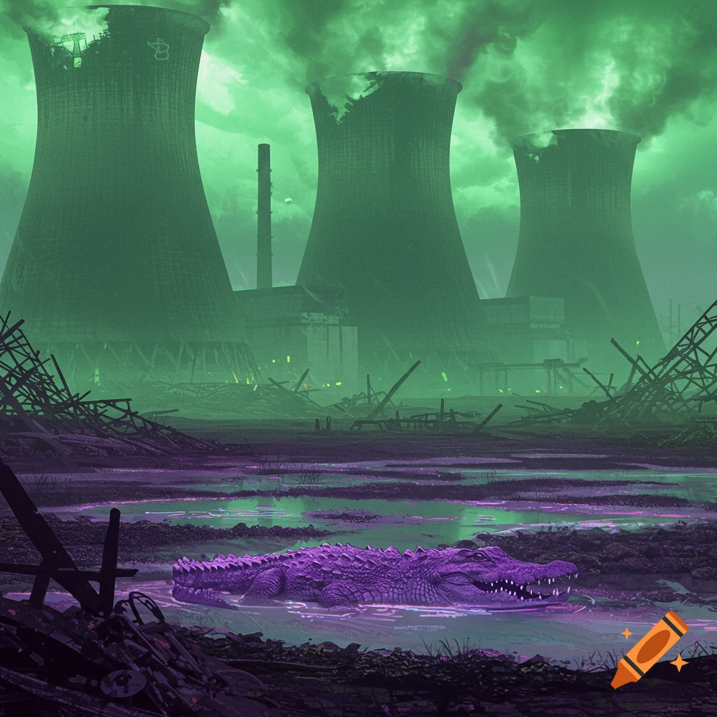 A deep green coal power plant with two cooling towers and a tall ...