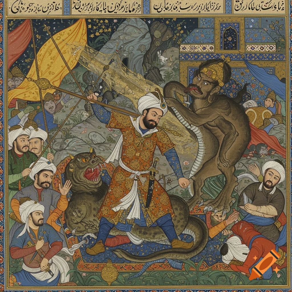 A colorful Persian miniature depicts Faridun, in patterned robes ...