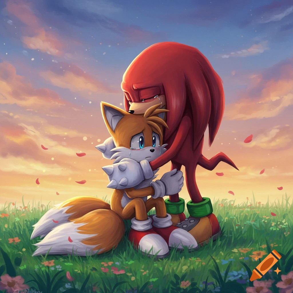Knuckles the Echidna comforts a crying Tails with a hug in a grassy ...
