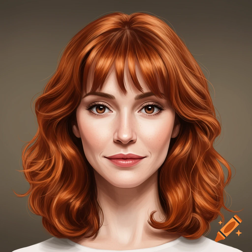Illustration of a woman with wavy red hair, bangs, brown eyes, and a ...