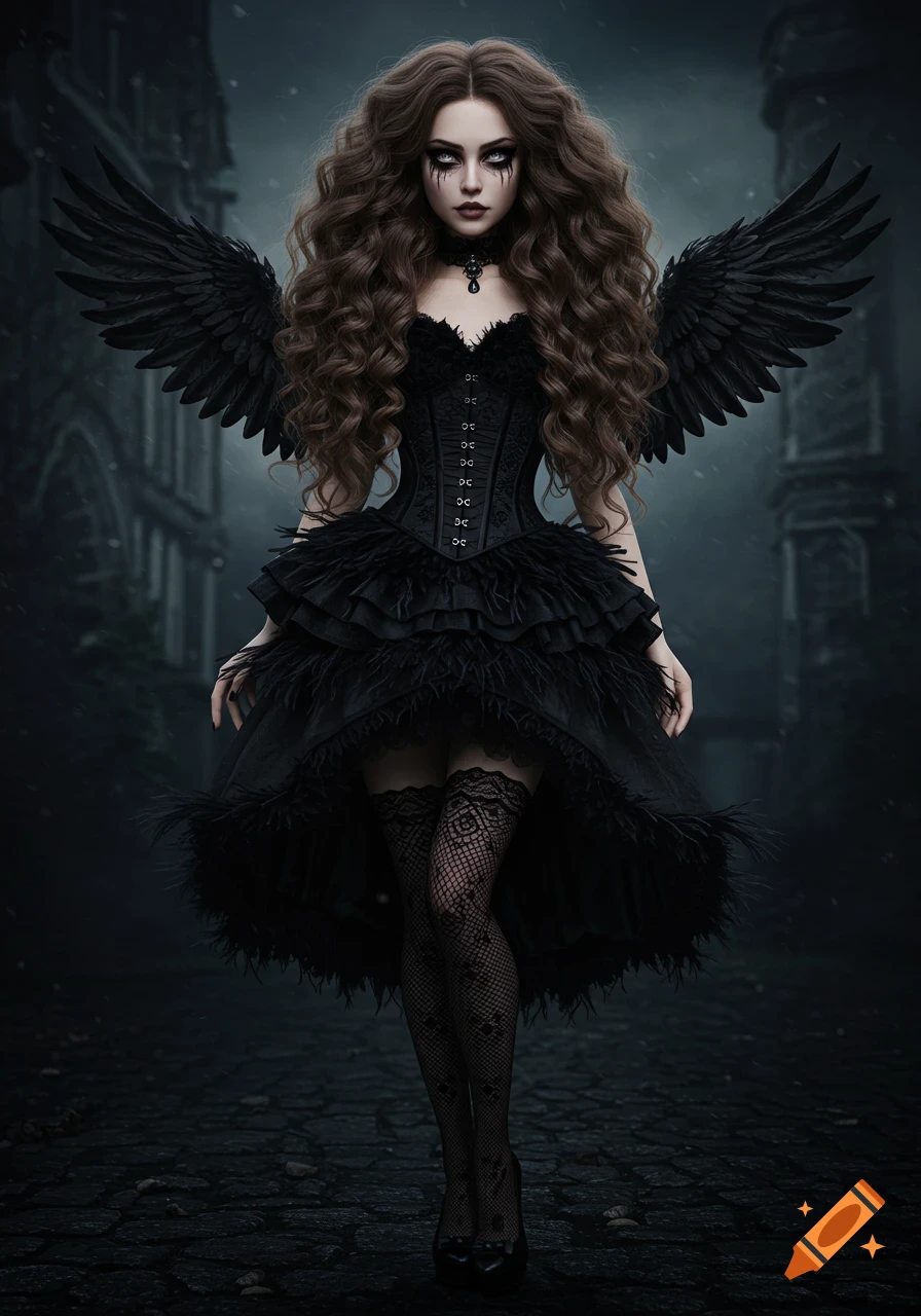Realistic portrait of a goth girl with curly brown hair, dramatic ...