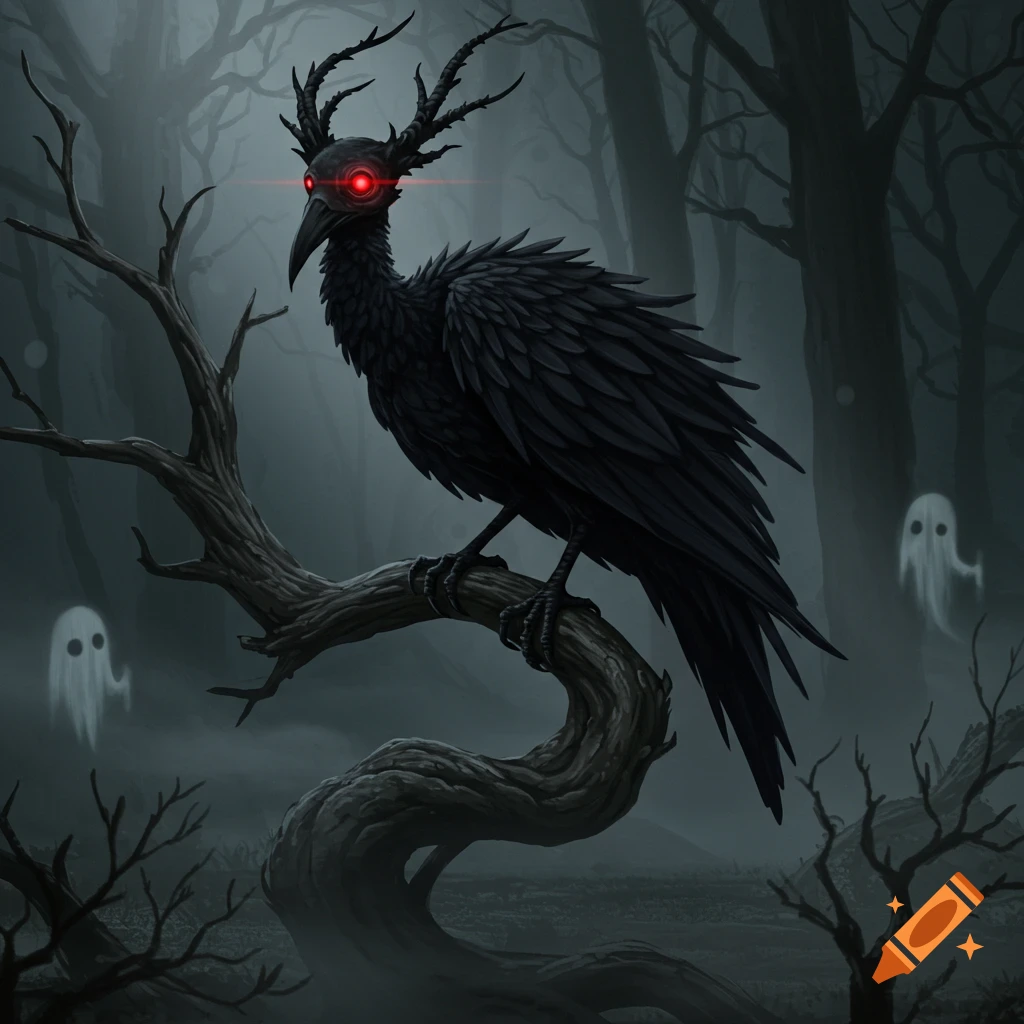 A majestic crane with widespread wings stands in a desolate, fiery ...