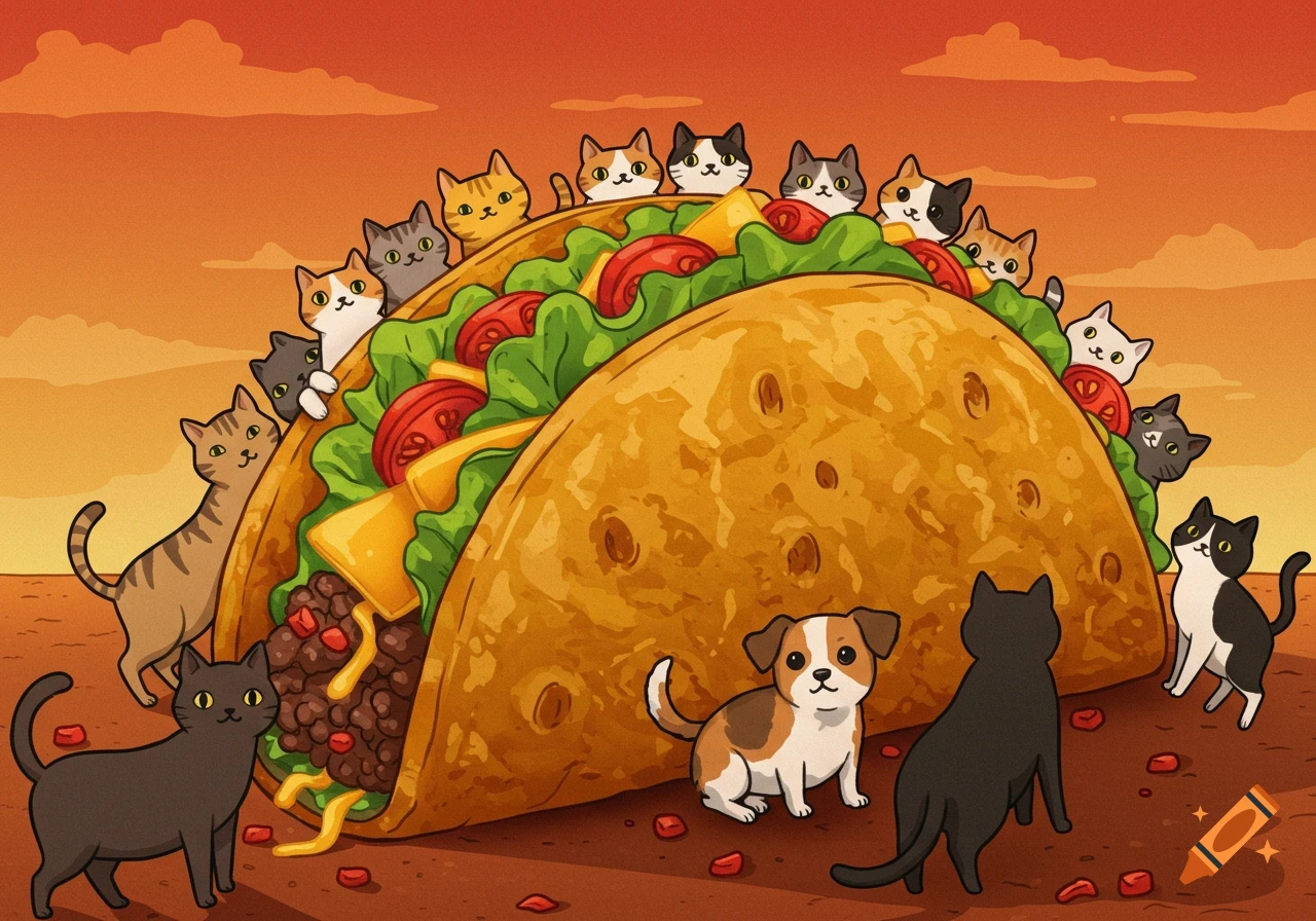 Cartoon cats and a tiny dog gather around a giant taco filled with meat ...