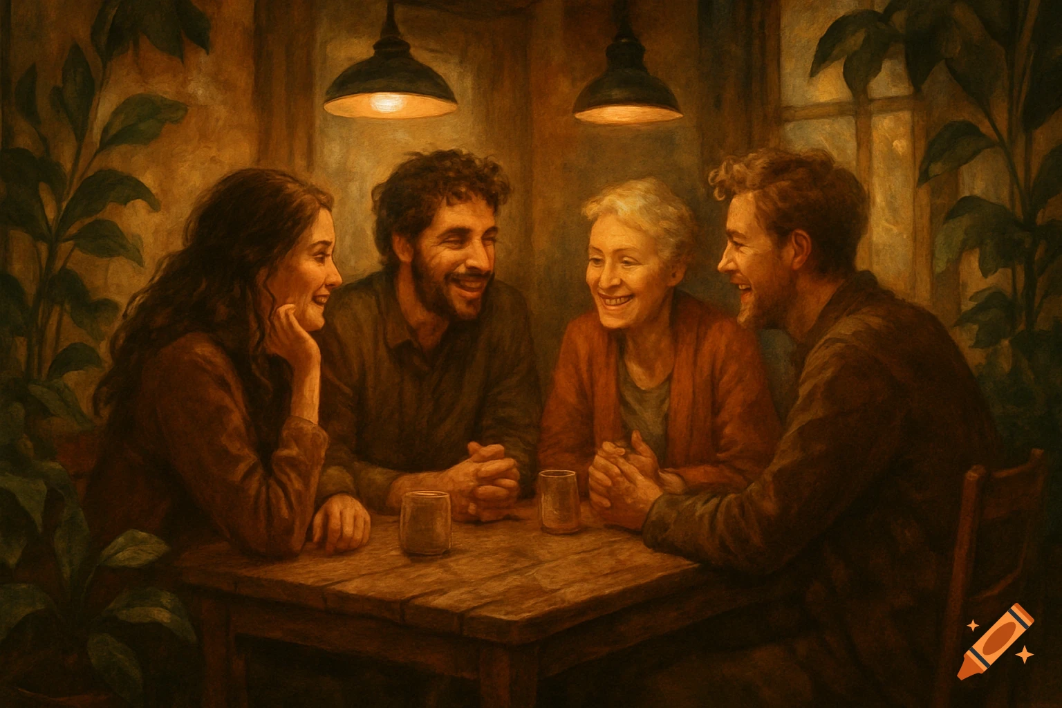 Painting of four people happily conversing at a rustic wooden table ...