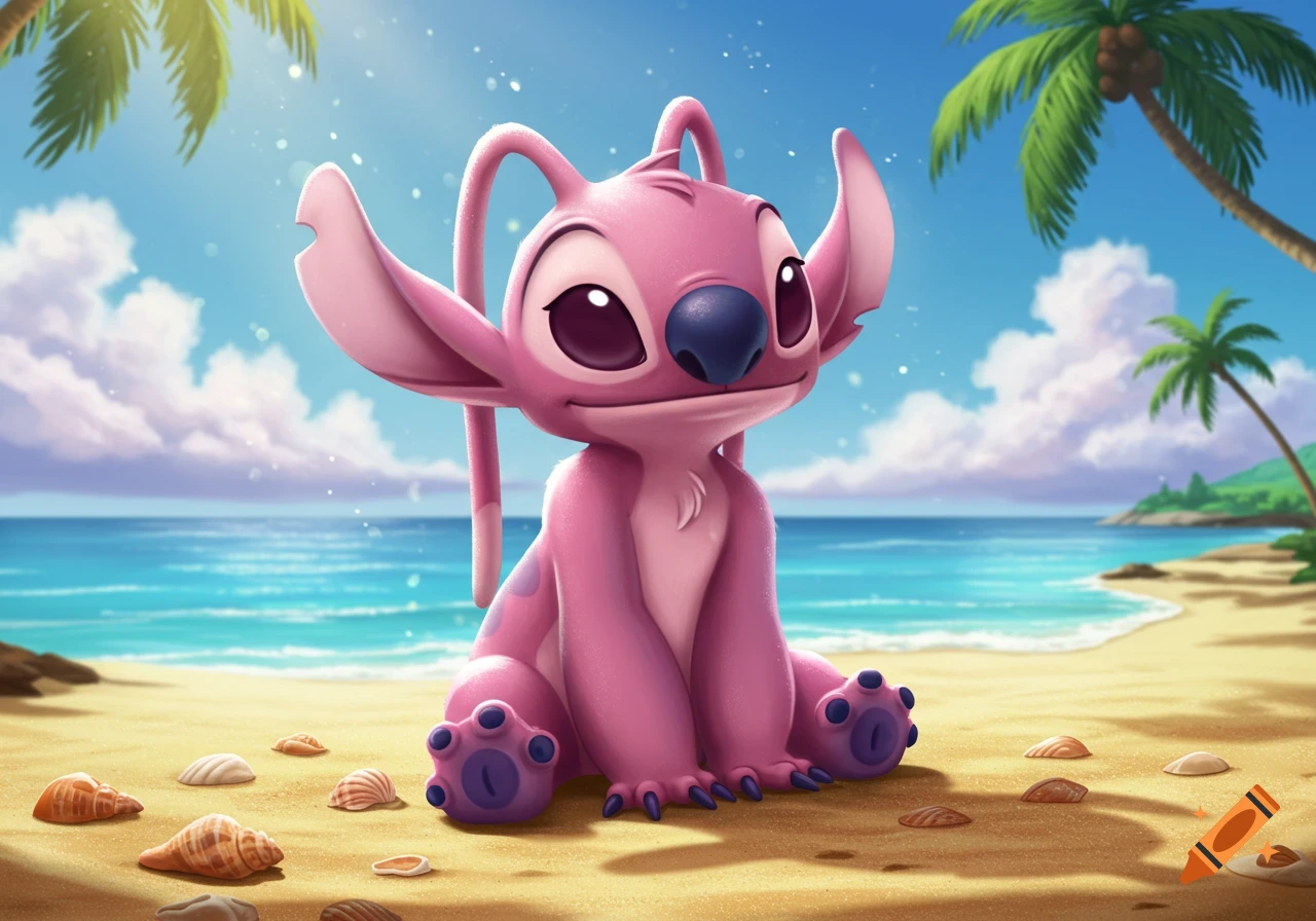 Baby Stitch in a diaper and blue sneakers sits on green grass, smiling ...