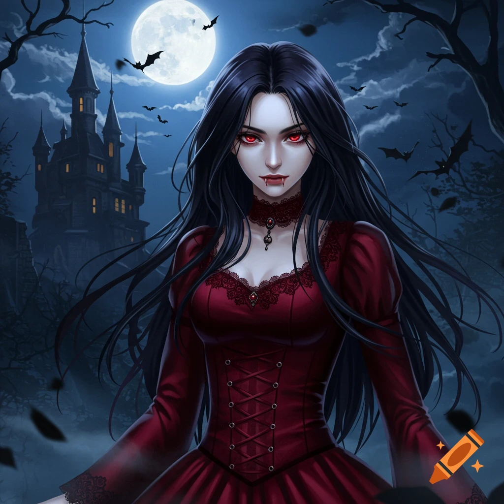 A stylized illustration of a vampire woman with long black hair and red ...