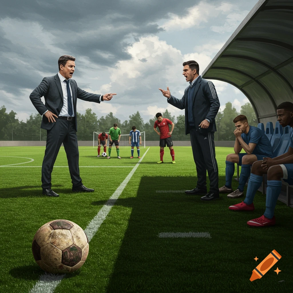 Two football coaches argue on a field with players, a substitute bench ...