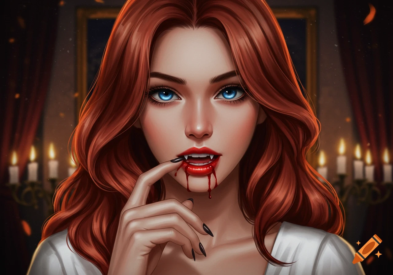 Anime vampire woman with auburn hair and blue eyes, fangs and blood on ...