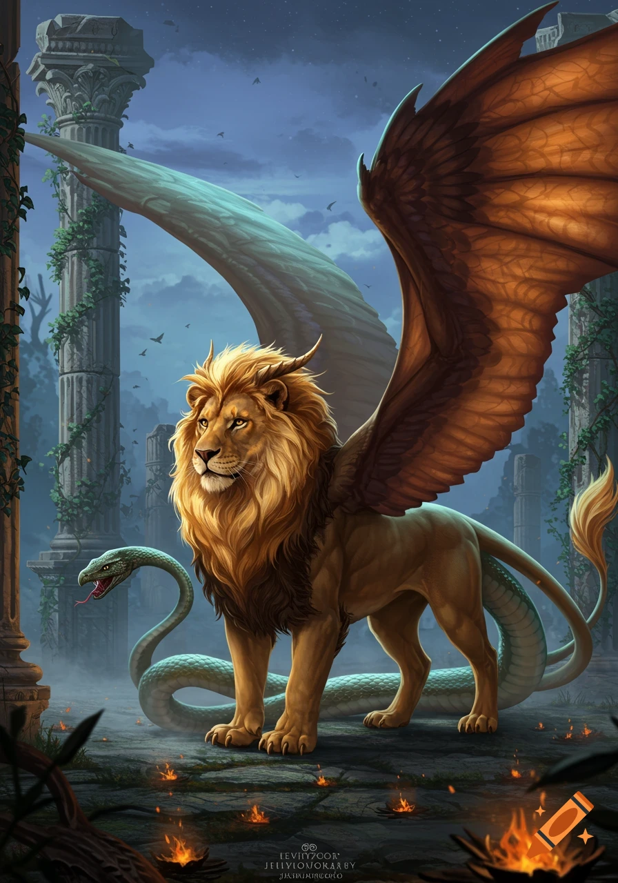 Majestic winged lion-snake hybrid in ancient ruins with glowing embers ...