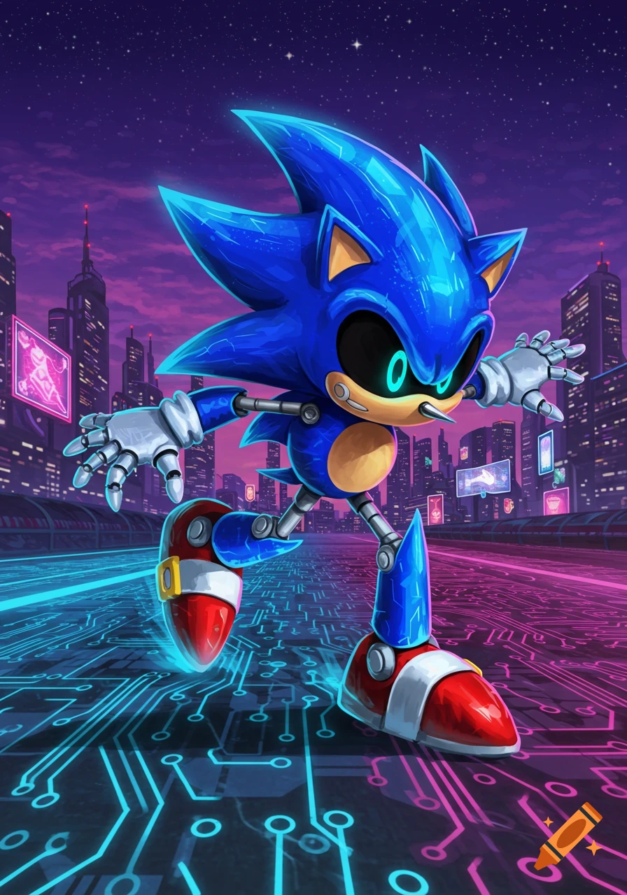 A vibrant, stylized illustration of Robot Sonic the Hedgehog running on ...