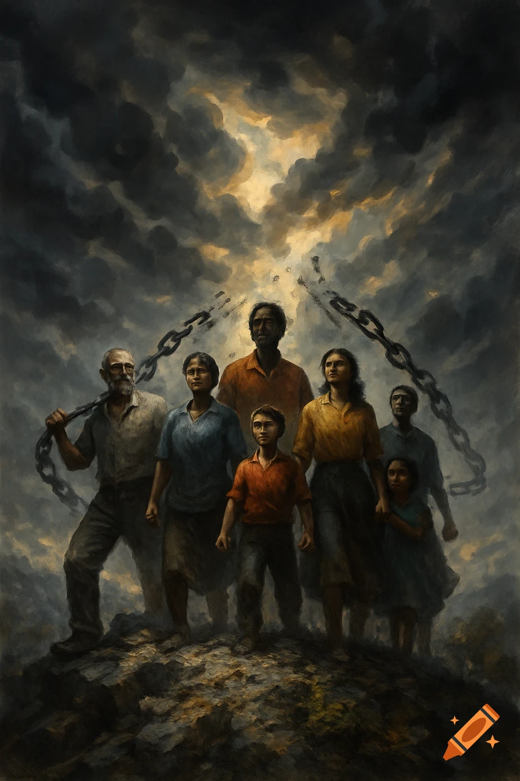 A diverse group of people stand on a rocky peak with broken chains ...