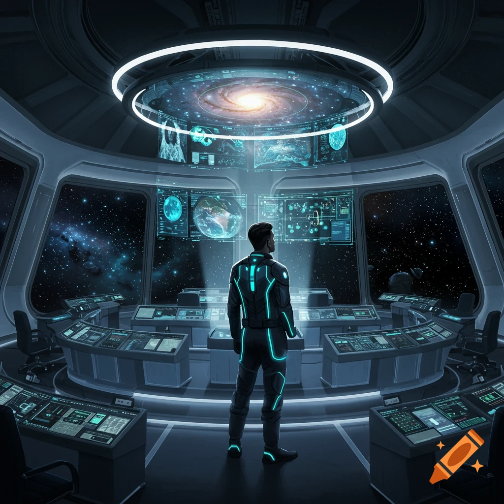 Haunted ultra-modern airport with astronaut at baggage claim surrounded ...