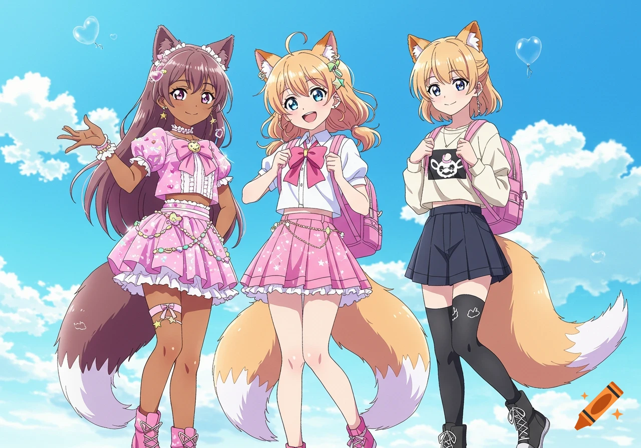 Three anime girls with animal ears and fluffy tails stand under a blue ...