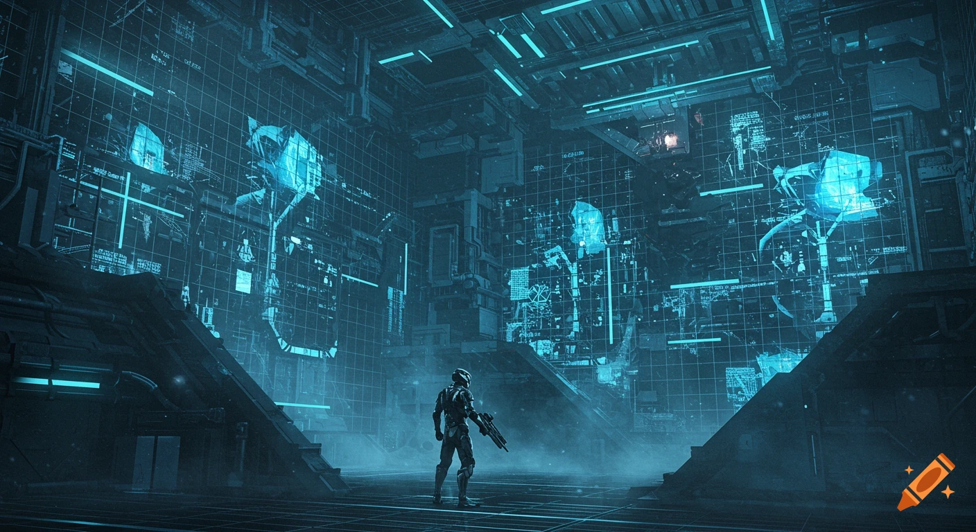 Giant dark green robot gently holds a human pilot in a blue exoskeleton ...