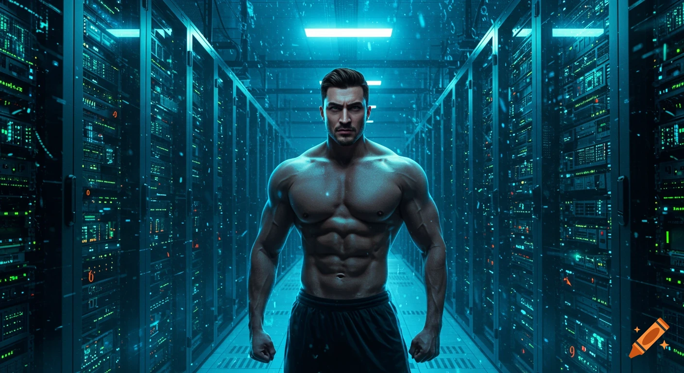 A muscular, shirtless man stands confidently in a futuristic server ...