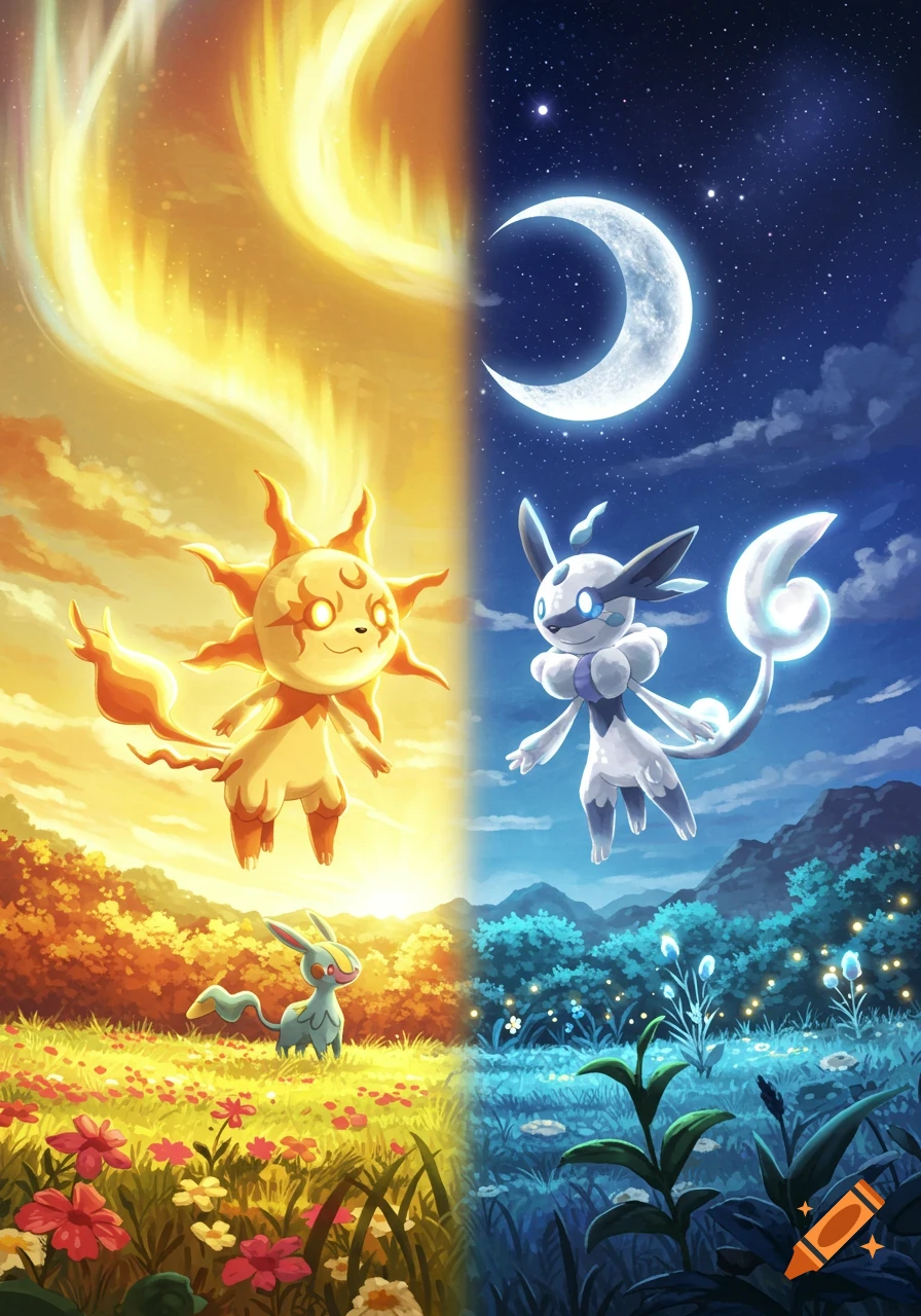 A red Charizard and a cream Ninetales look at each other in a moonlit ...