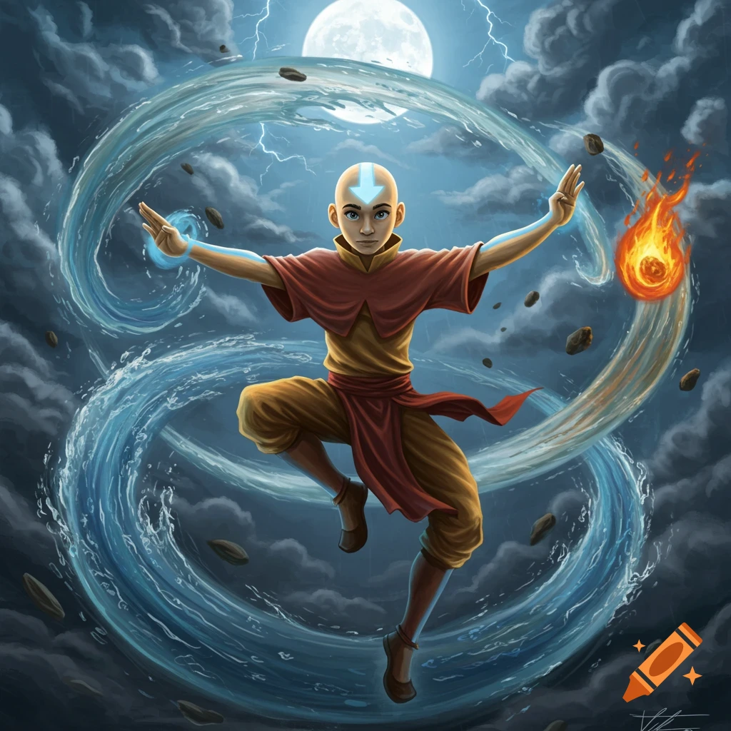 Aang from Avatar: The Last Airbender stands in a powerful pose ...