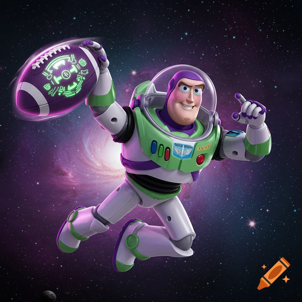 Buzz Lightyear in his white, green, and purple space suit stands in a ...
