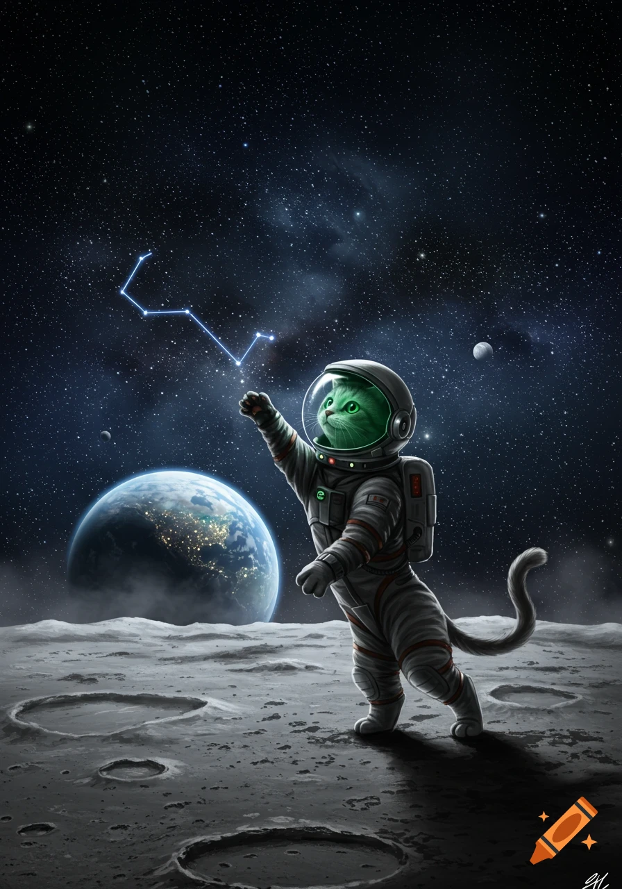 A vibrant illustration of a cat in a shark costume holding a lightning-emitting toaster in space ...