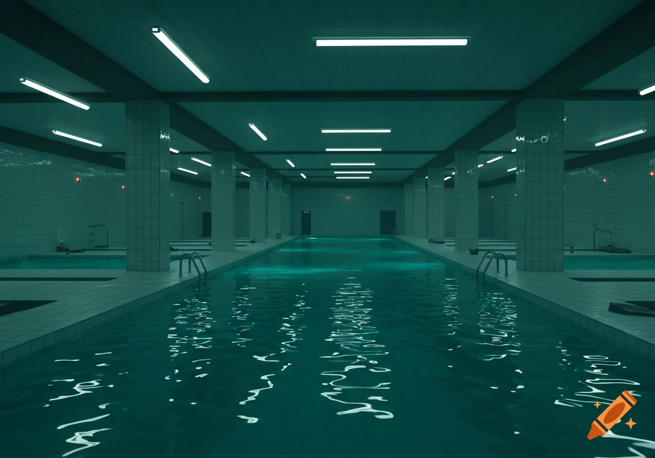 Eerie, photorealistic indoor swimming pool with teal water, tiled walls ...