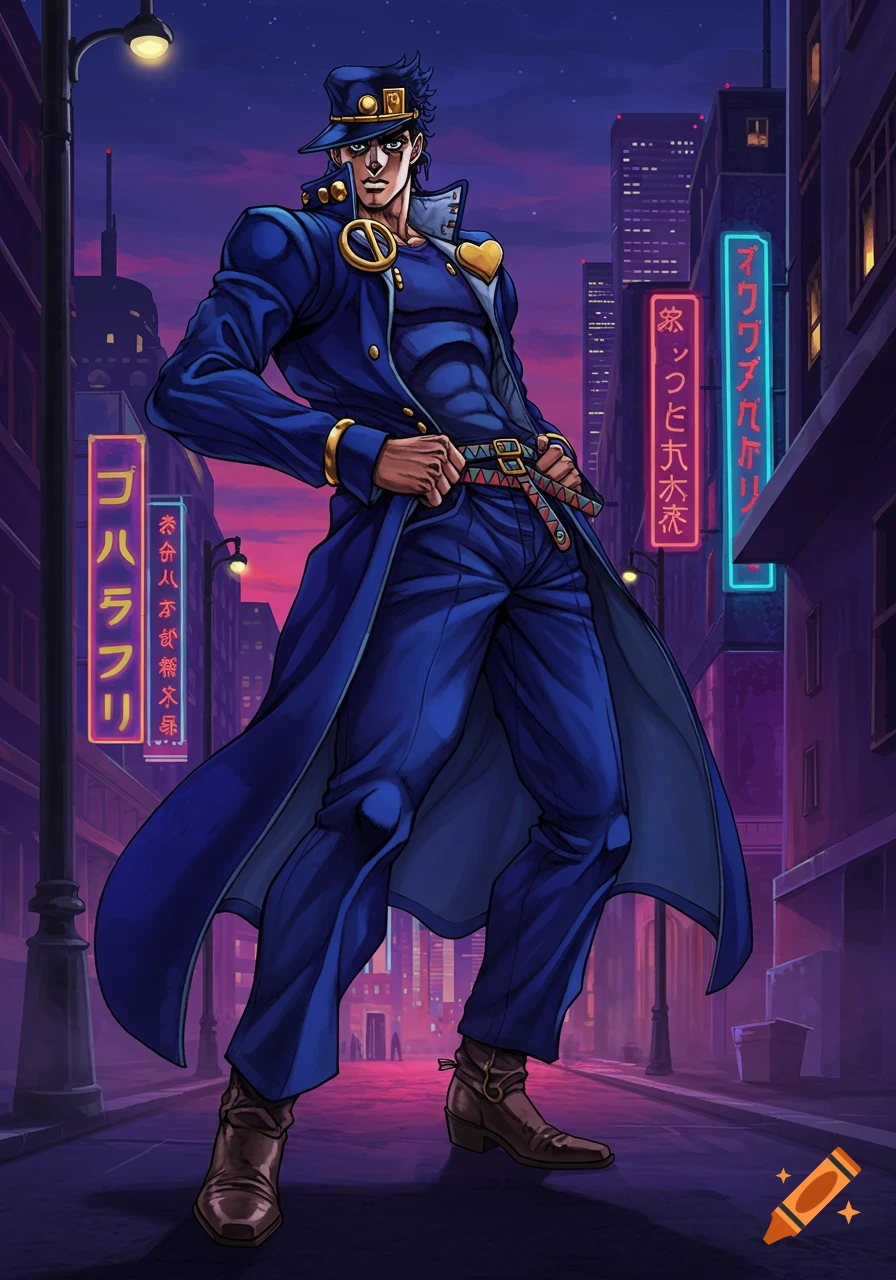 An anime character, Jotaro Kujo, wearing a dark cap and coat with a ...