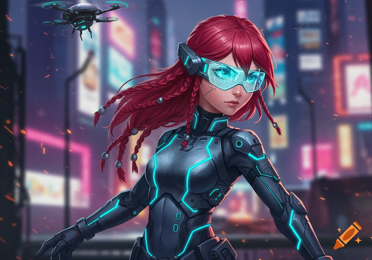 Anime girl with red braided hair, futuristic goggles, and a glowing ...