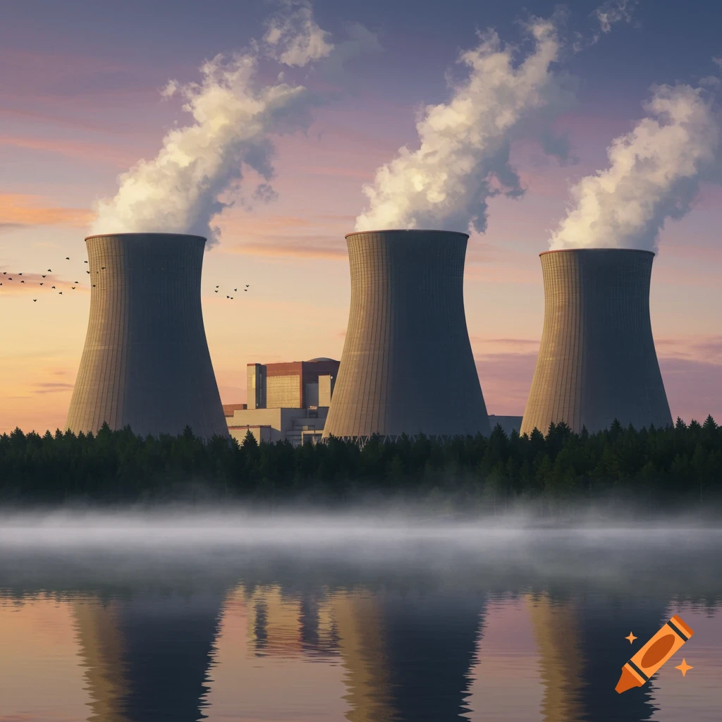 Two nuclear power plant cooling towers emit steam against a dramatic ...