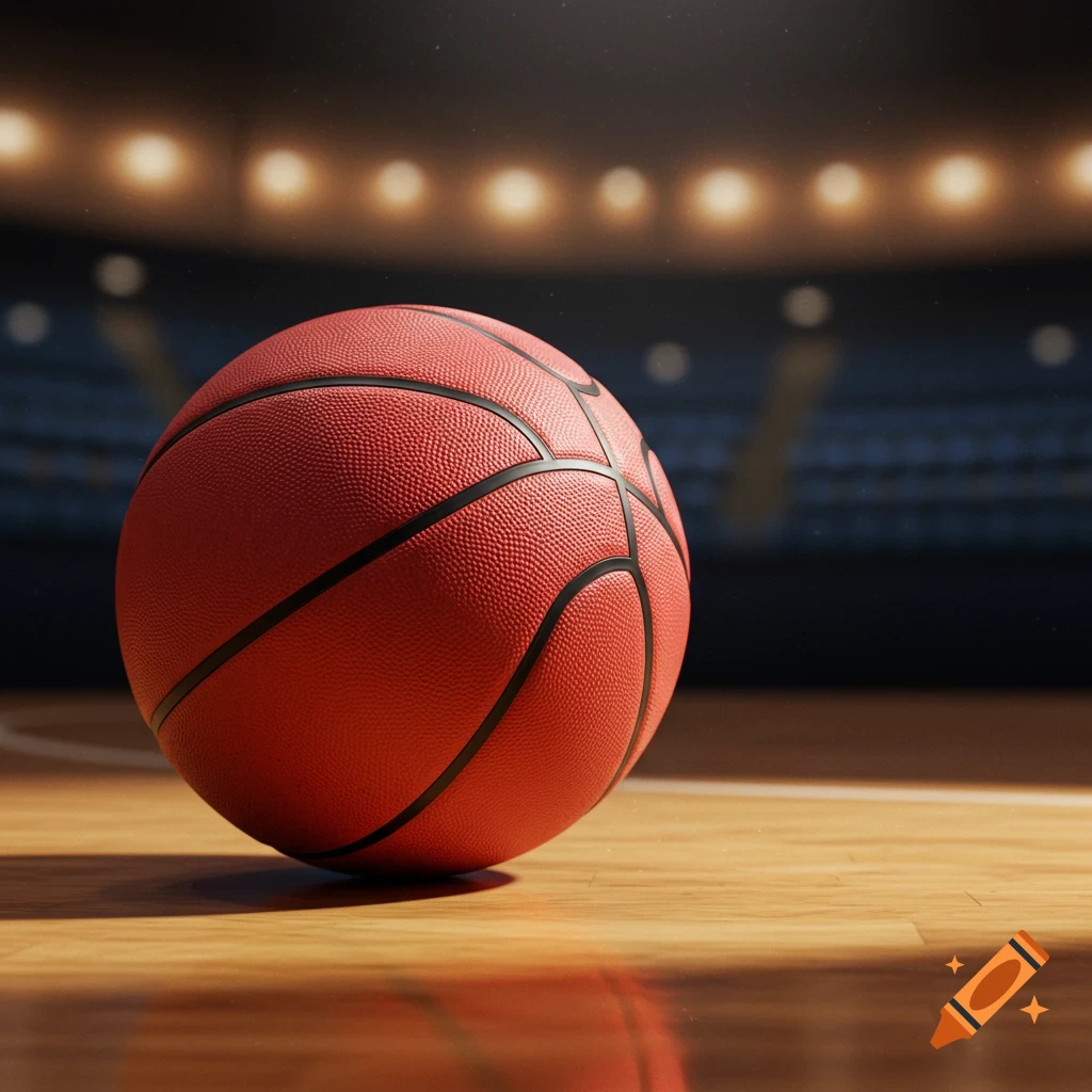 A photorealistic action shot of a basketball floating mid-air on a ...