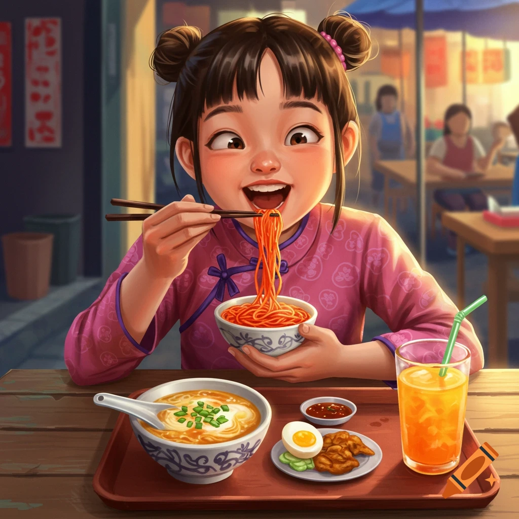Vibrant digital illustration of a young girl happily eating noodles with chopsticks at a table ...
