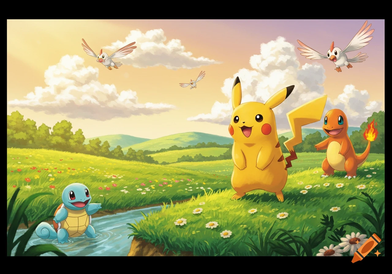 Pikachu, Charmander, Squirtle, and two bird Pokemon fly and stand in a ...
