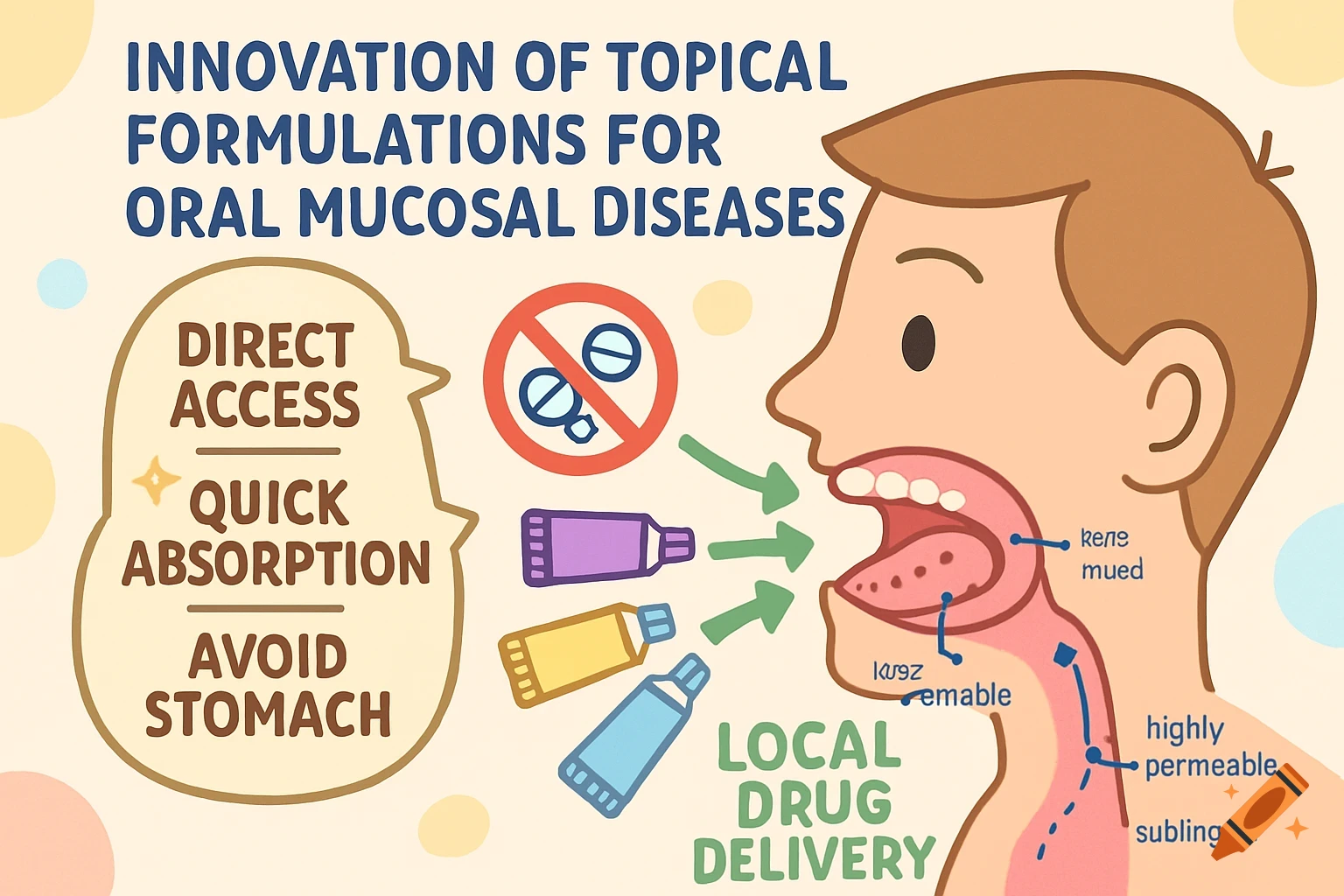 A cartoon diagram illustrating local drug delivery to the oral mucosa ...
