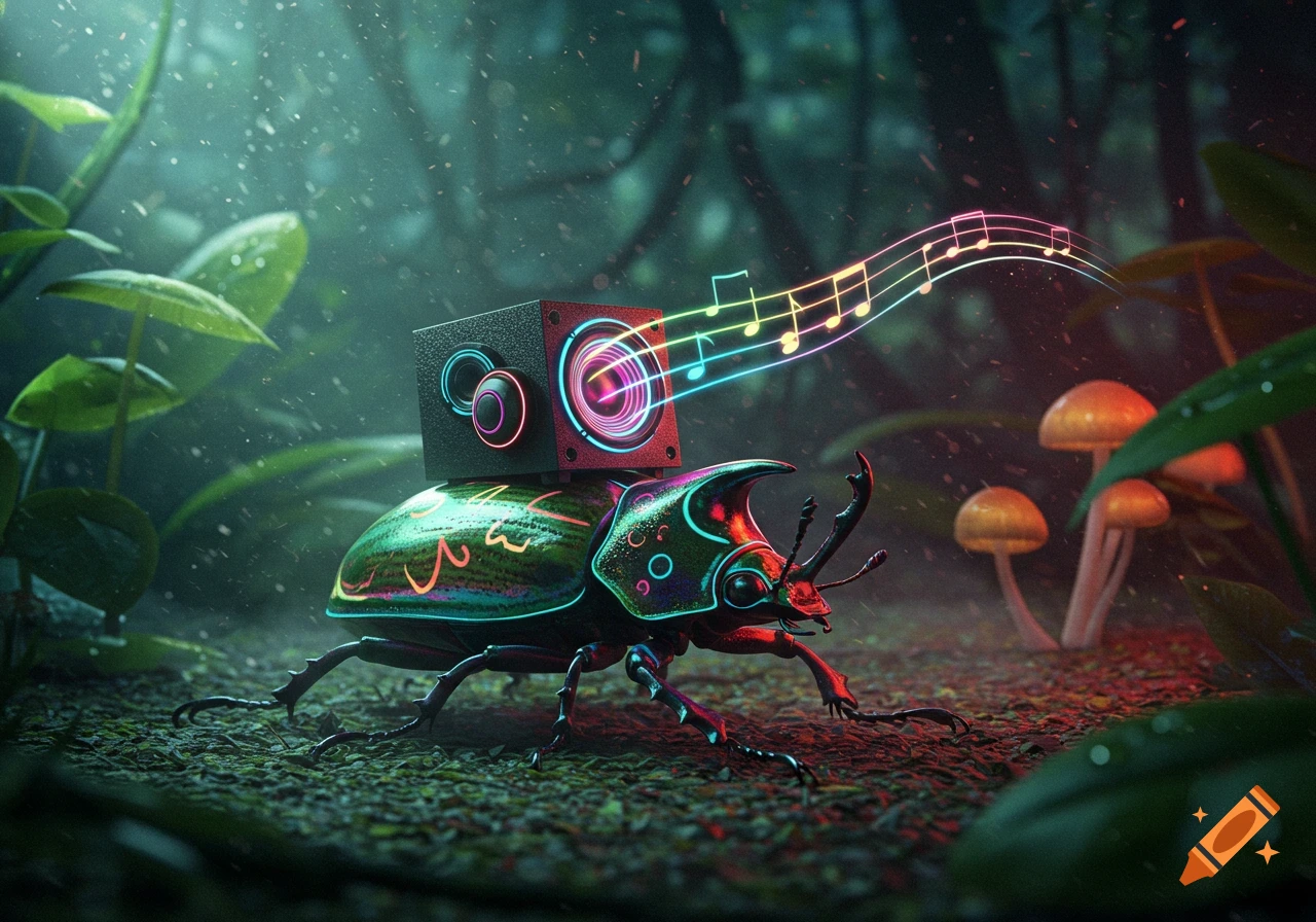 A vibrant, neon-glowing beetle carries a subwoofer emitting musical ...