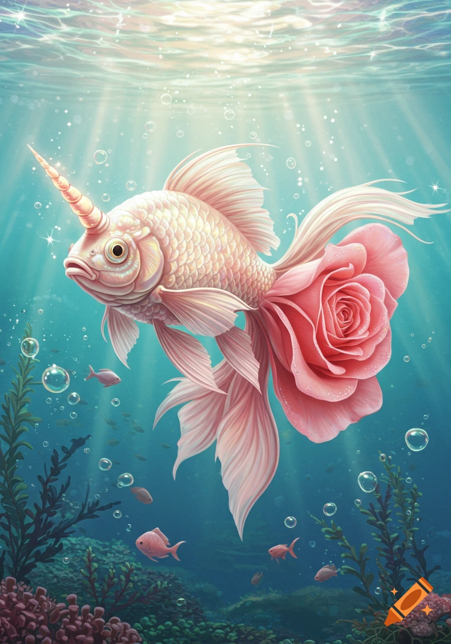 A fantasy goldfish with a unicorn horn and a pink rose for a tail swims ...
