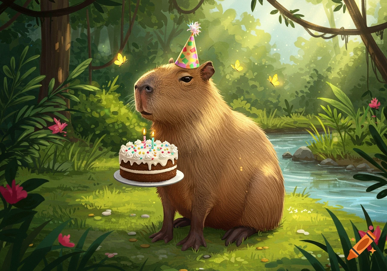 A cute capybara wearing a Santa hat and wrapped in colorful Christmas ...