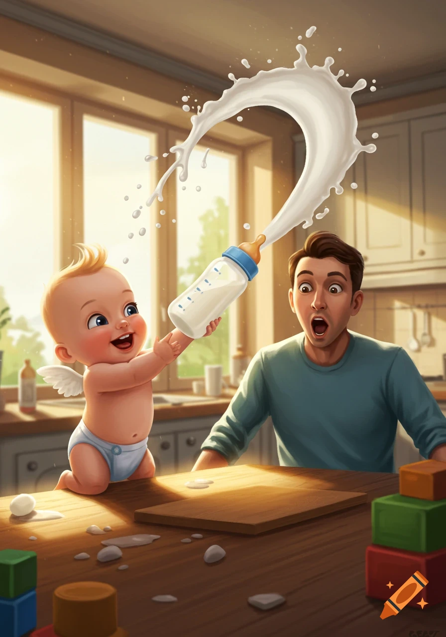 A woman and a young child smiling, looking at a soda bottle with a ...