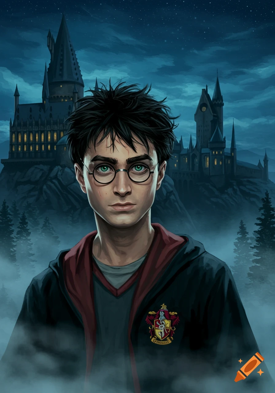 Young Harry Potter in Hogwarts robes and glasses casts a spell with a ...