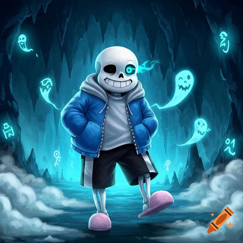 A cartoon skeleton character, Sans from Undertale, in a blue jacket and ...