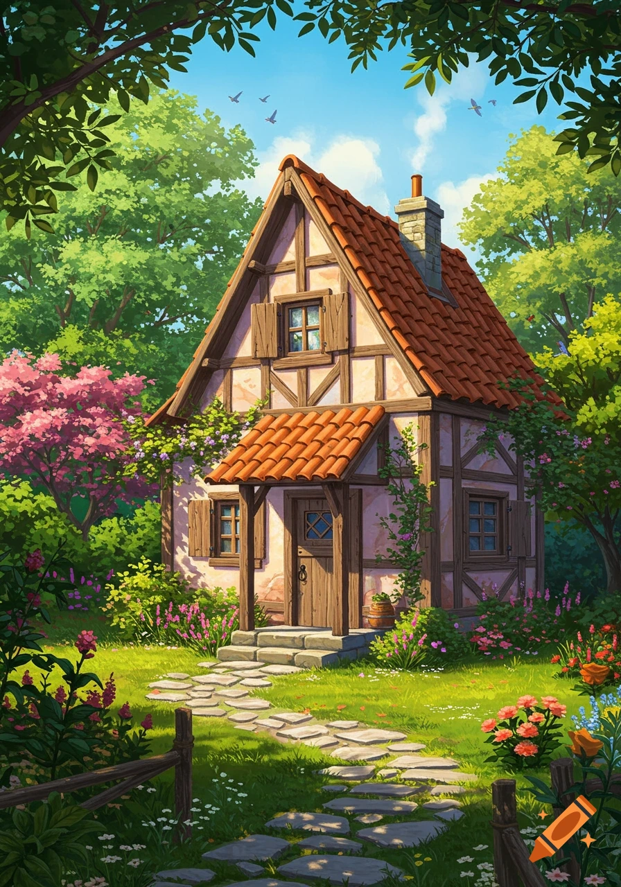 A detailed cross-section of a pink dollhouse with a red roof, showing ...